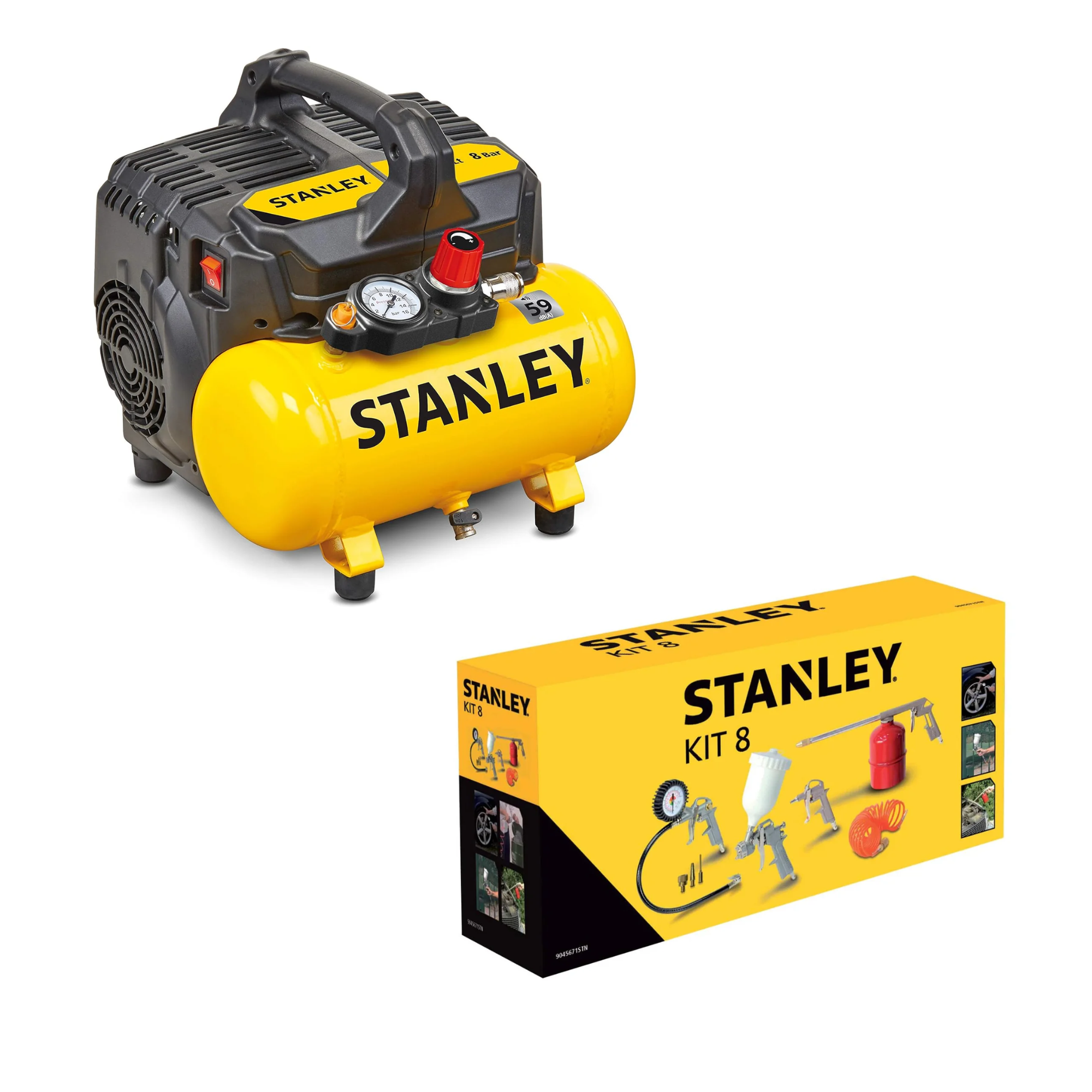 STANLEY Silent Air Compressor 6L + Air Tools Kit 8 Pcs - DIY Store