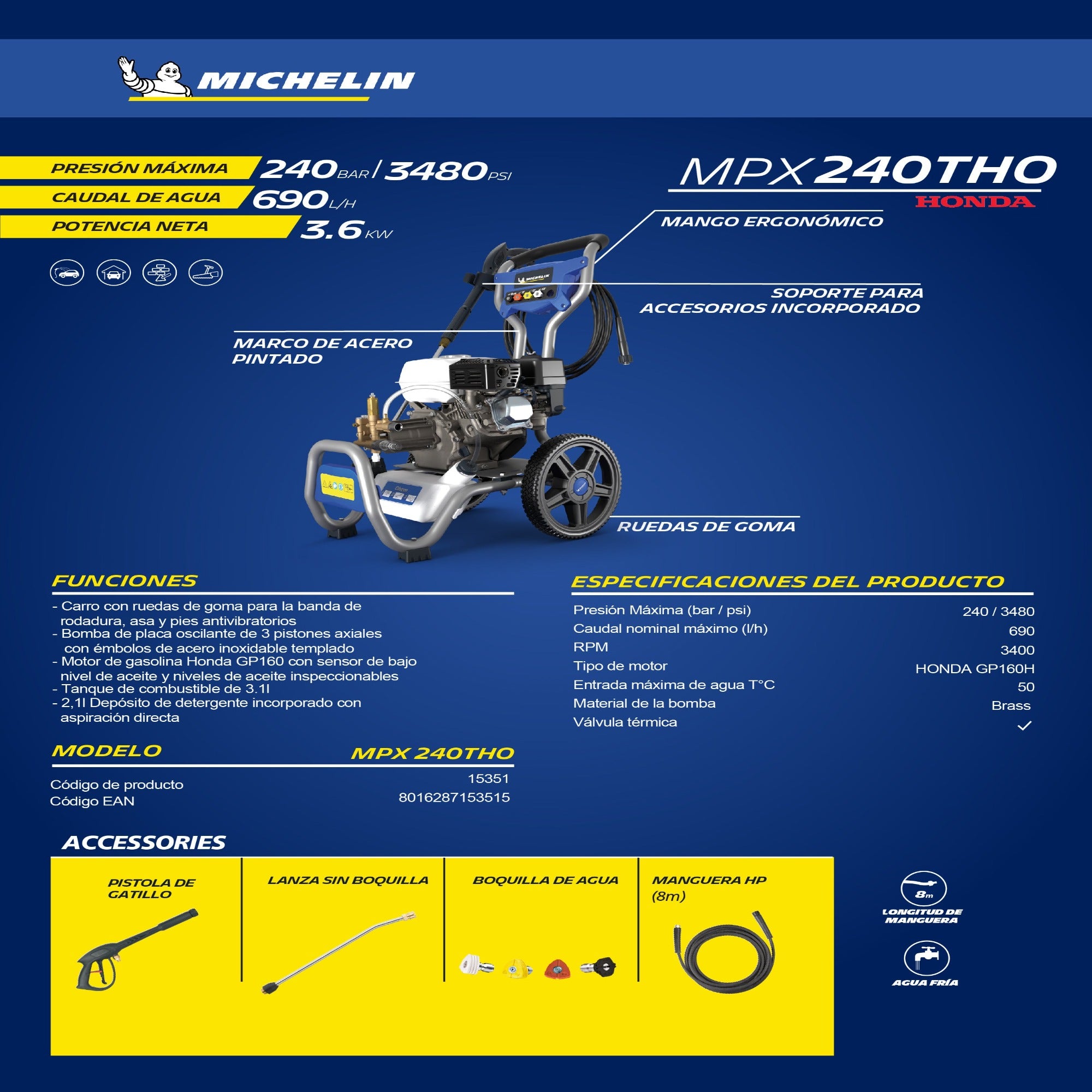 MICHELIN High Pressure Washer, Honda Petrol Engine, 240 Bar, 690 L/H ...