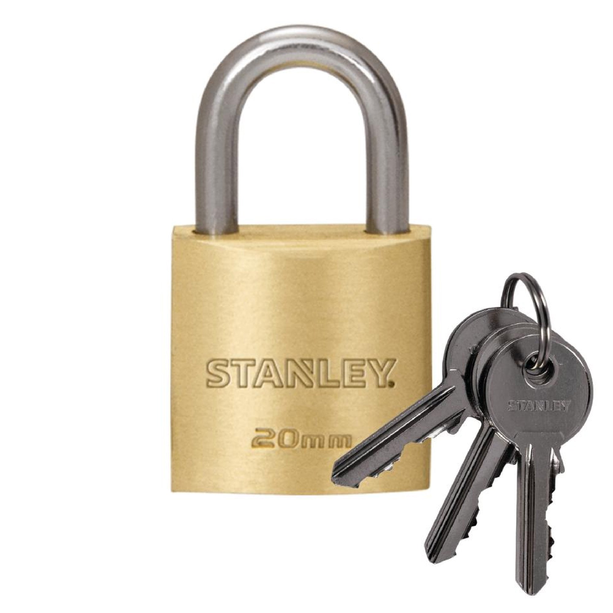 Stanley Padlock Brass 20mm Standard Shackle with 3 Keys – DIY Store
